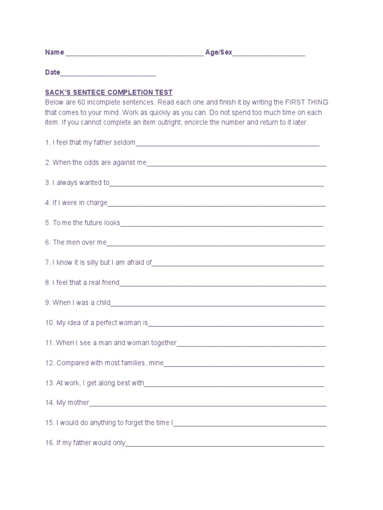 Sacks Sentence Completion Test Guide | PDF | Interpersonal ...