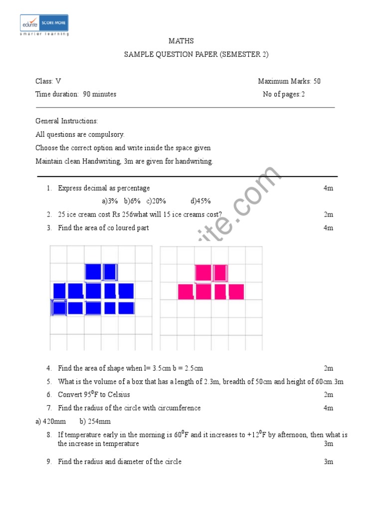 Class 5 ICSE Maths Sample Paper Term 2 Model 1 | PDF