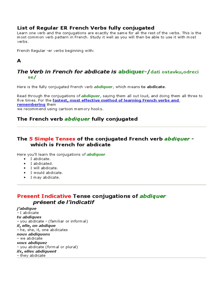 Fully Conjugated French ER Verbs | PDF | Grammatical Conjugation ...