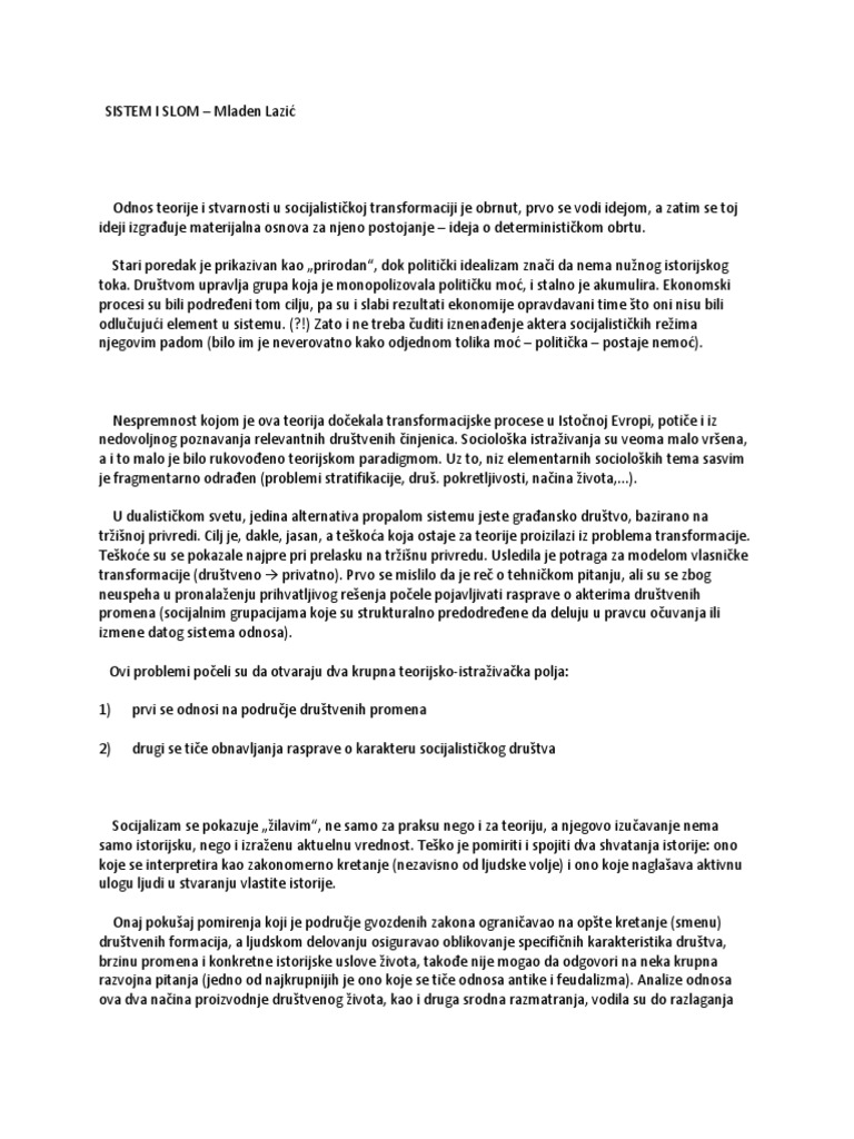 Mladen Lazic - Sistem I Slom (Neke Beleske) | PDF