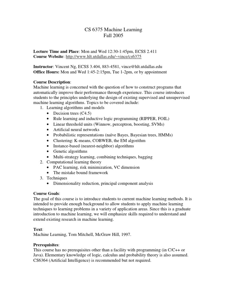 UT Dallas Syllabus For cs6375.002 05f Taught by Yu Chung NG (Ycn041000 ...