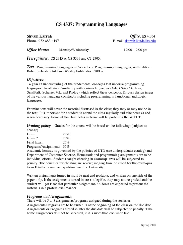 UT Dallas Syllabus For cs4337.001 05s Taught by Shyam Karrah (Skarrah ...