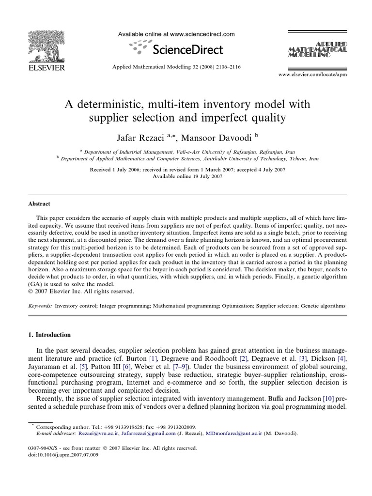 A Deterministic Multi Item Inventory Model With Supplier Selection and Imperfect Quality 2008 ...