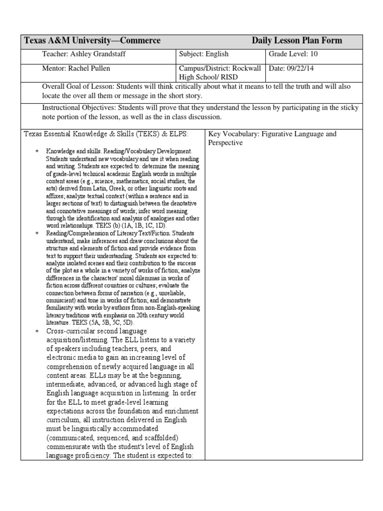 Lesson Plan: Truth in Literature | PDF | English Language | Reading ...