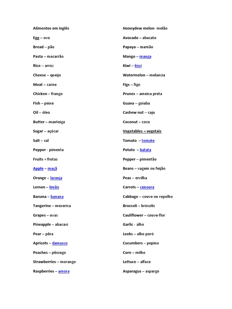 Lista de Alimentos em Inglês e Português | PDF | Foods | Cuisine