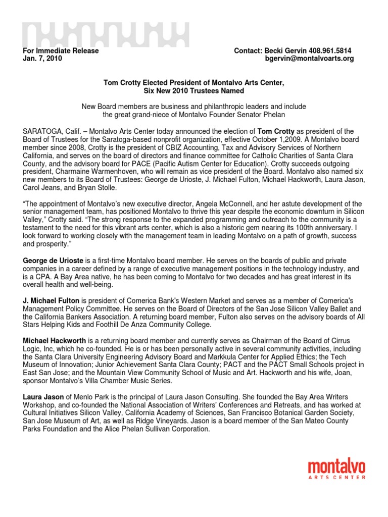 Tom Crotty Named Board President of Montalvo | PDF