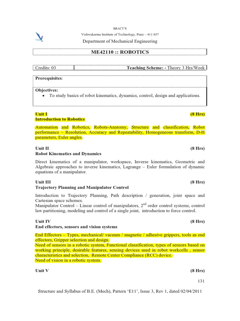 Robotics Syllabus | PDF | Robotics | Kinematics