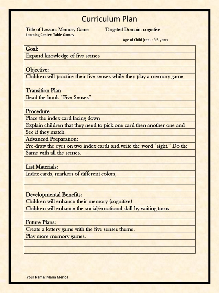 Memory Game Lesson Plan for Ages 3-5 | PDF | Memory | Curriculum