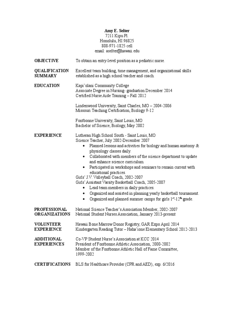 Amy Selter's Pediatric Nursing Resume | PDF