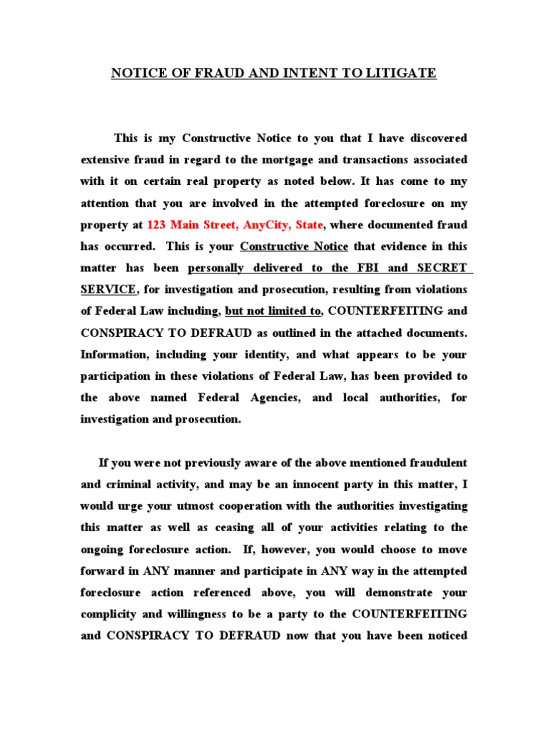Notice of Fraud and Intent To Litigate | PDF | Fraud | Foreclosure