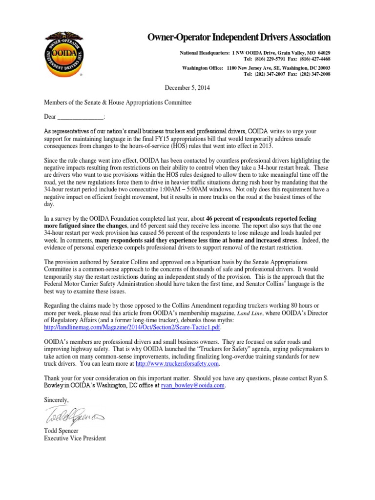 OOIDA HOS Appropriations Letter - 120514 | PDF | Truck Driver | Transport