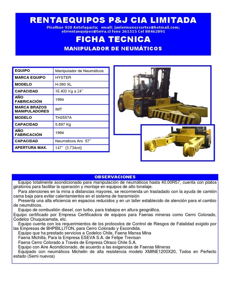 Ficha Tecnica Manipulador de Neumaticos Hyster H360XL PDF | PDF | Neumático | Minería