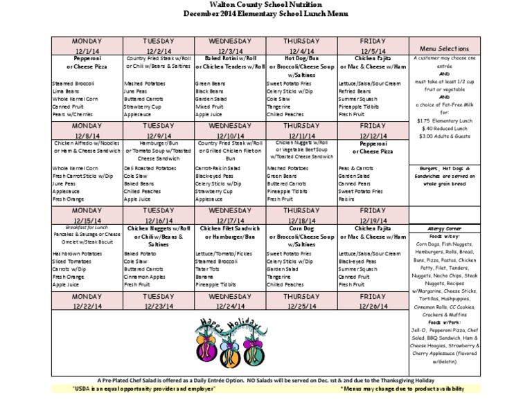 Walton County School Lunch Menu December 2014 | PDF | Hamburgers | Coleslaw