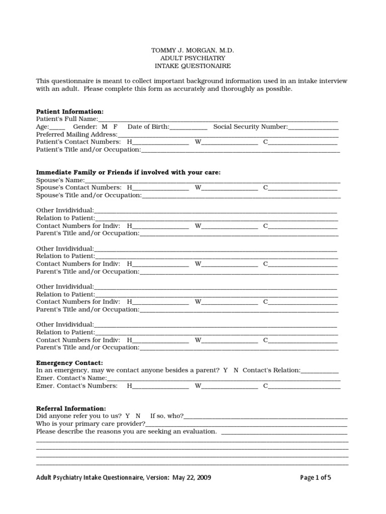 Adult Psychiatry Intake Questionnaire--20090522 | Psychiatry ...