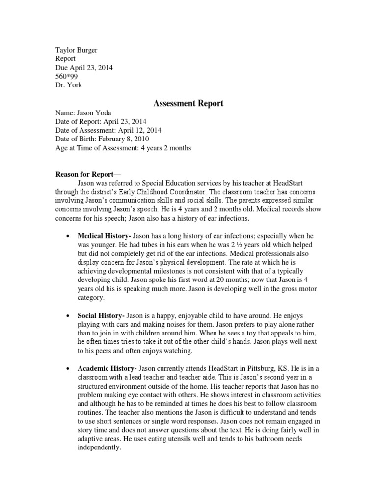 assessment report | Child Development | Teachers