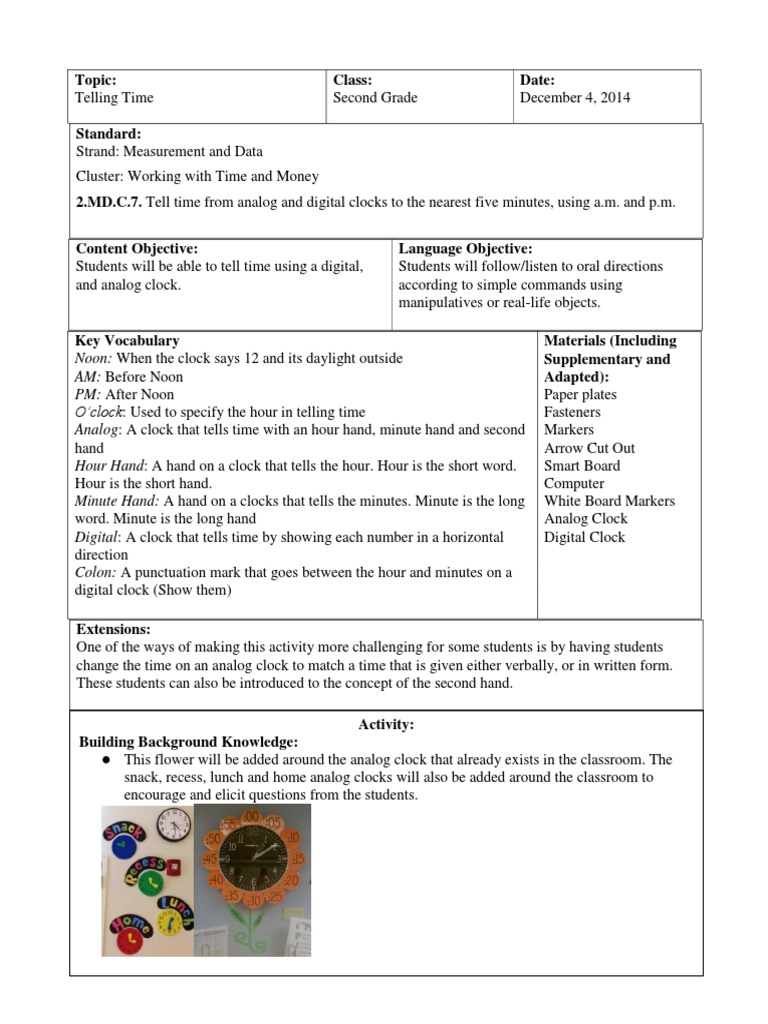 Telling Time Lesson | PDF | Clock | Vocabulary