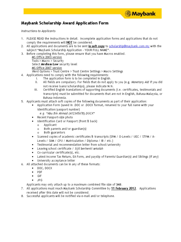 Maybank Scholarship Award Application Form: Instructions To Applicants ...
