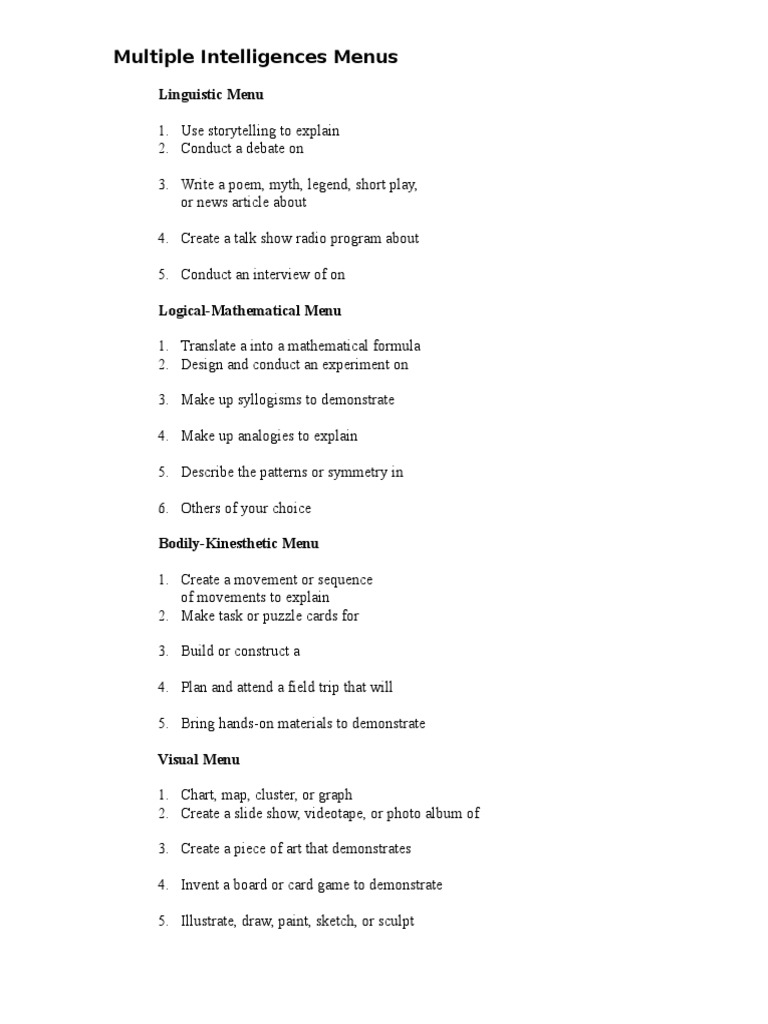 Multiple Intelligences Menus | PDF