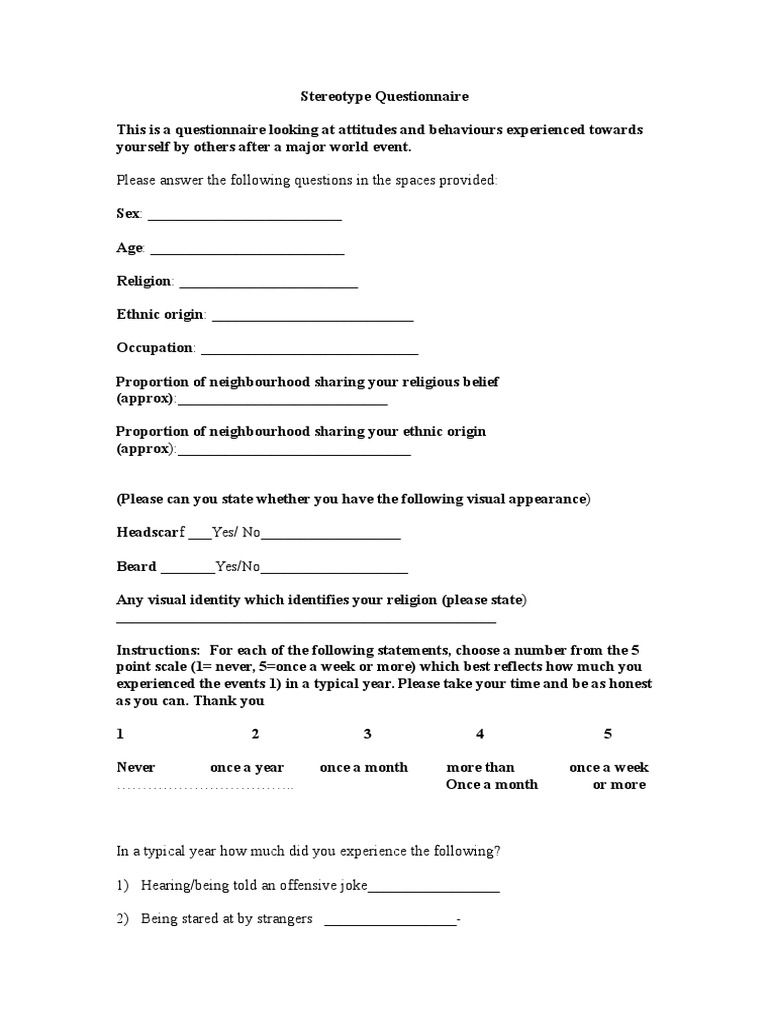 Stereotype Questionnaire | Prejudices | Discrimination