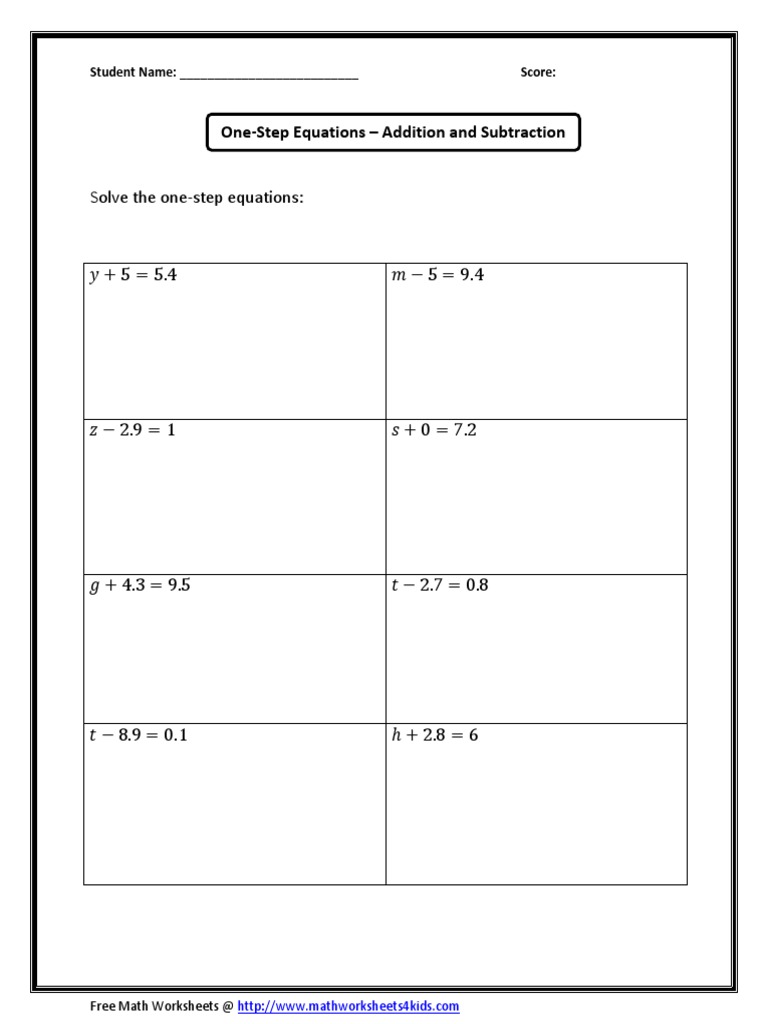 One Step Algebra Worksheets
