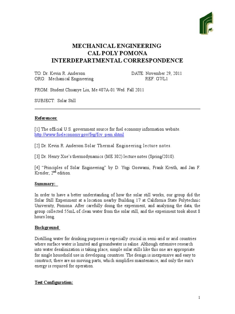 Mechanical Engineering Cal Poly Pomona Interdepartmental Correspondence ...