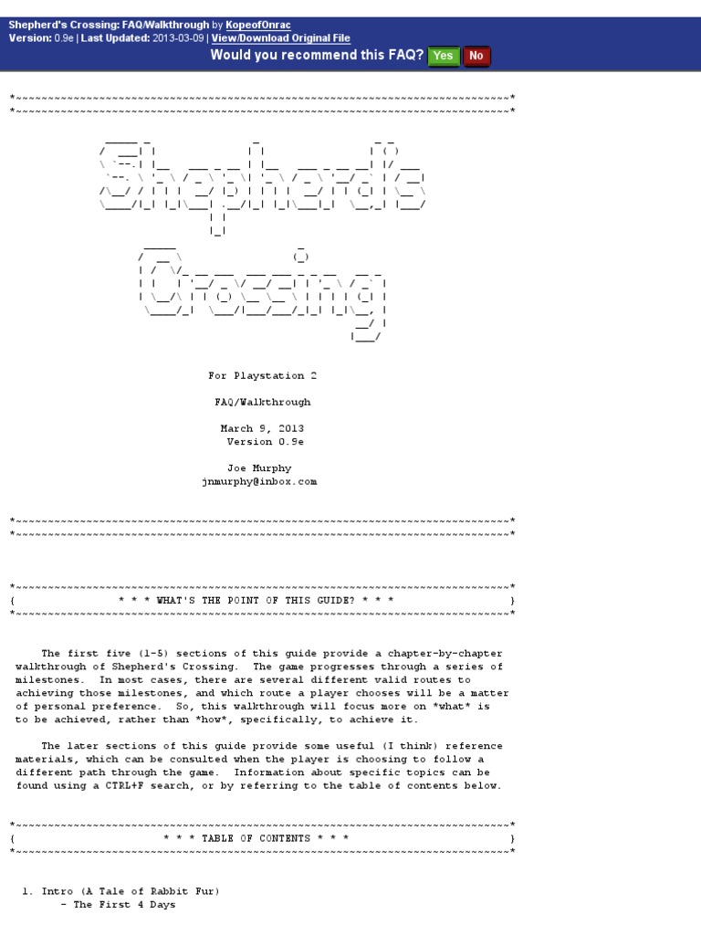GameFAQs - Shepherd's Crossing (PS2) FAQ - Walkthrough by KopeofOnrac ...