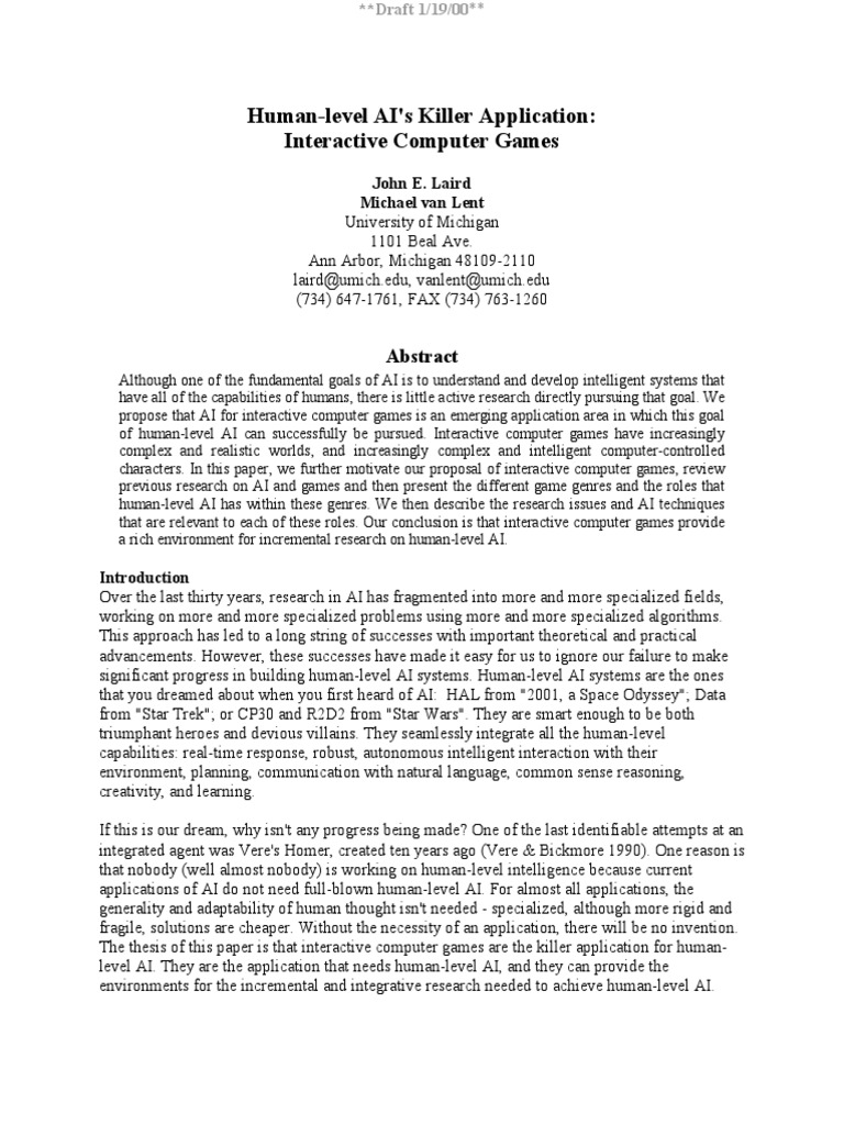 Human-Level AI's Killer Application: Interactive Computer Games | PDF ...