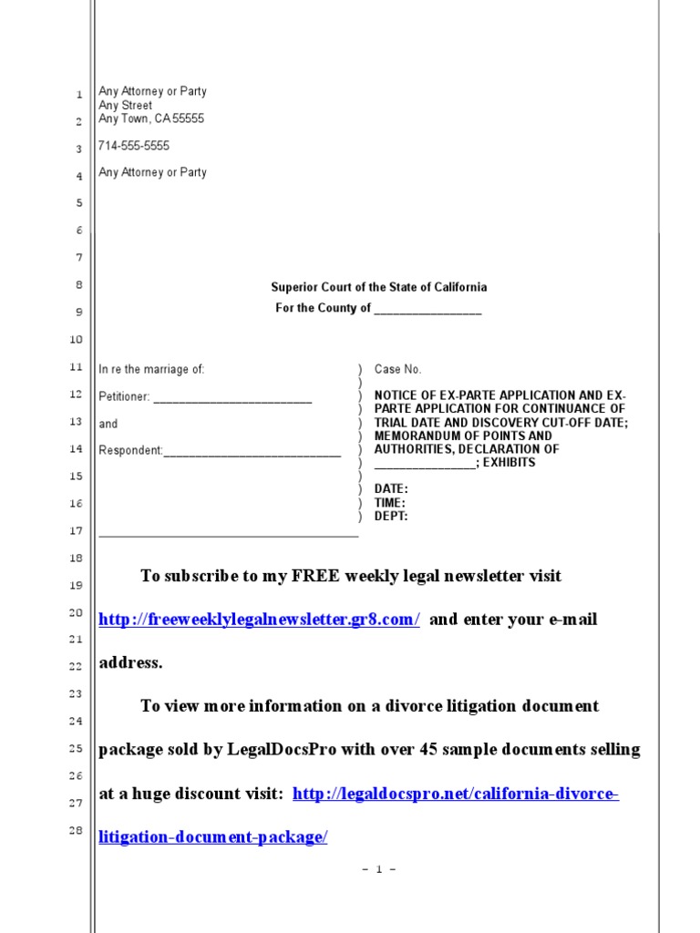 Sample Ex-Parte Application For Continuance of Trial Date For ...