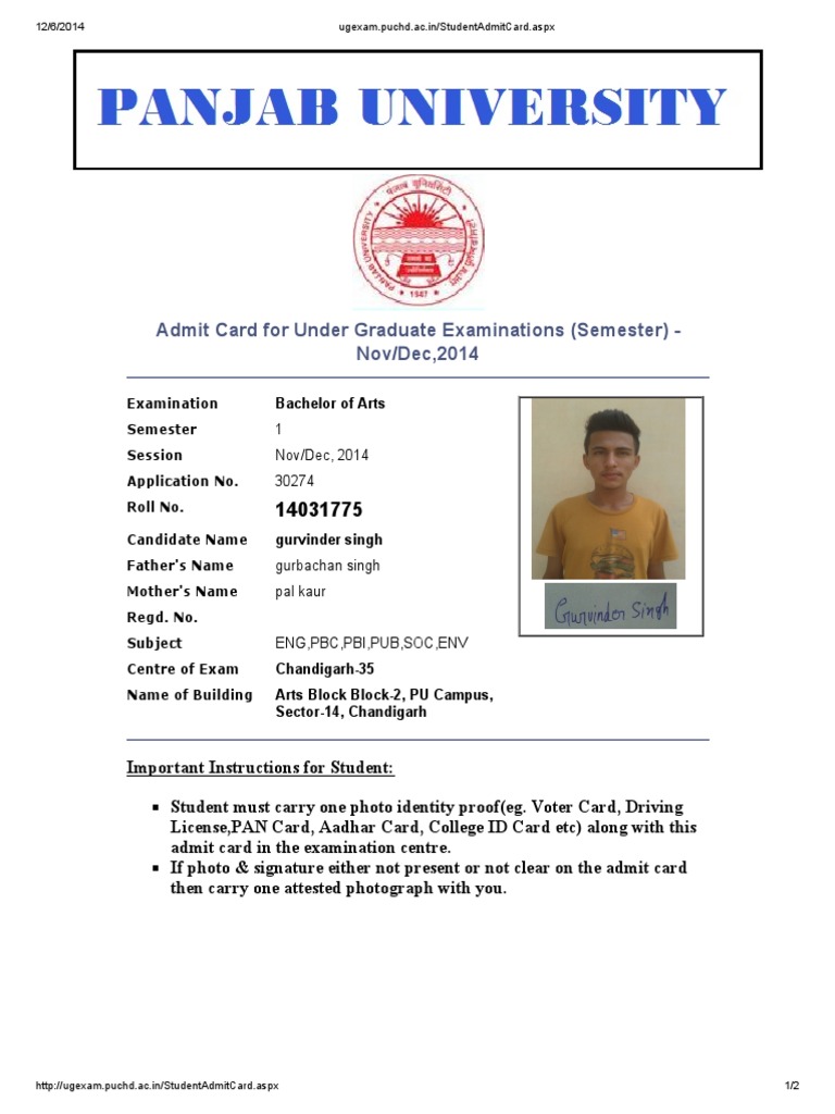 Ugexam - Puchd.ac - in StudentAdmitCard PDF | PDF | Access Control ...