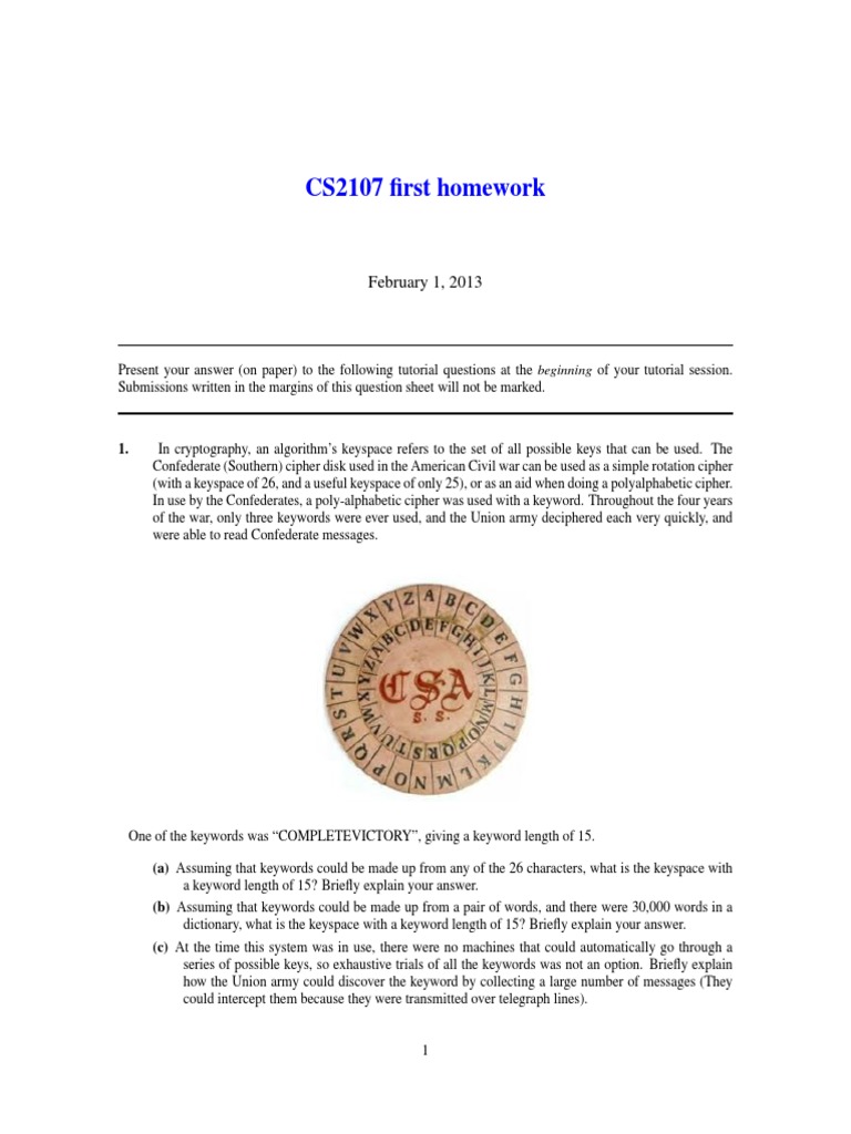 CS2107 First Homework: February 1, 2013 | PDF | Cipher | Cryptography