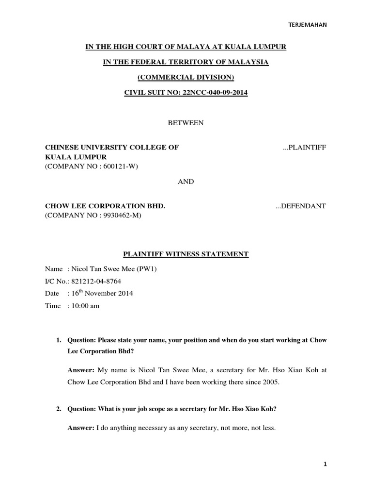 Sample of Witness Statement ENGLISH | Government | Politics