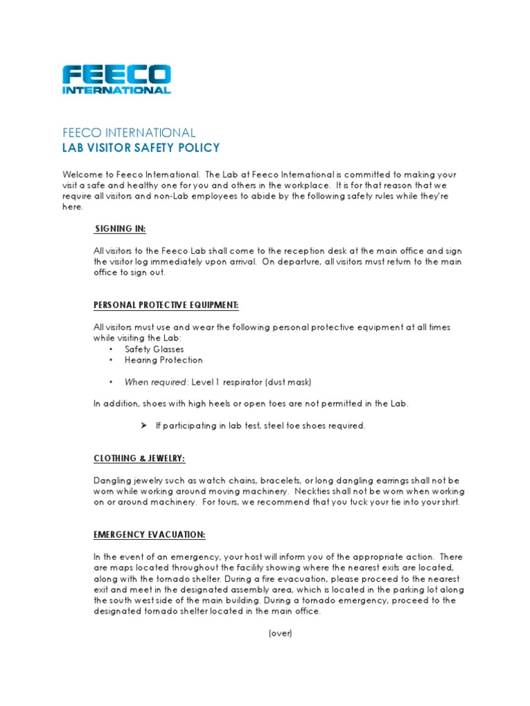 Feeco Lab Visitor Safety Policy | PDF | Personal Protective Equipment ...