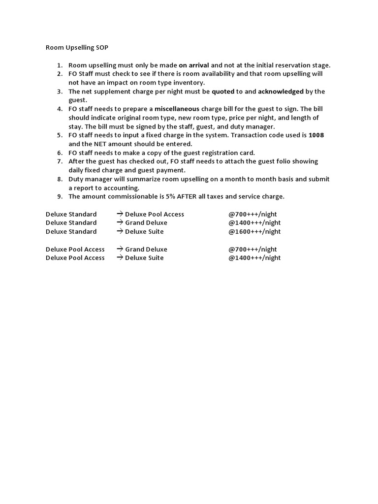 Room Up Selling SOP | PDF | Services (Economics) | Market (Economics)