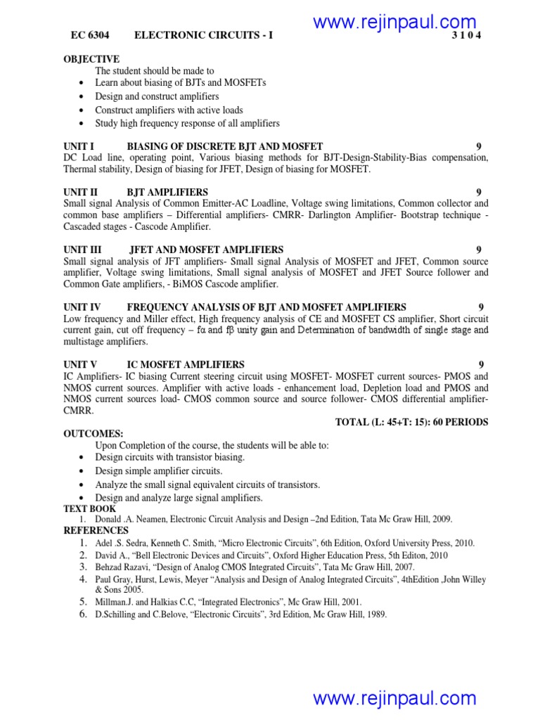 EC6304 Electronic Circuits I | PDF | Amplifier | Field Effect Transistor