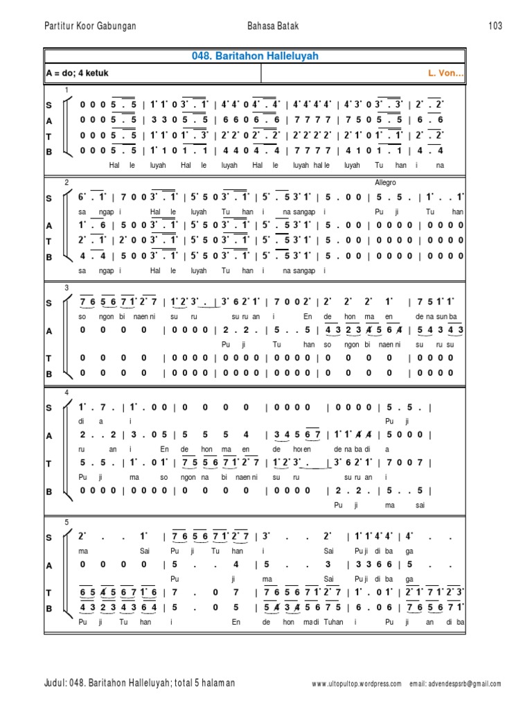048. Baritahon Halleluyah; Lima Halaman Partitur Lagu Rohani Batak | PDF