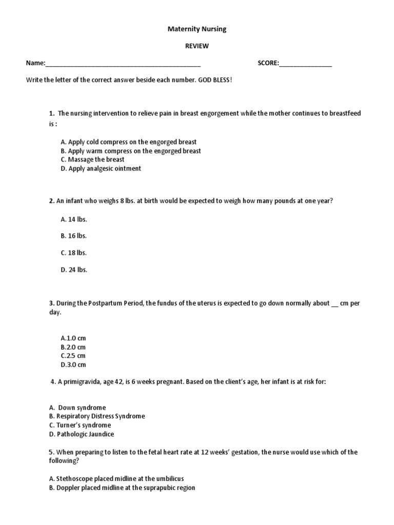 Maternity Nursing Review: Answers and Scoring Key | PDF | Pregnancy ...