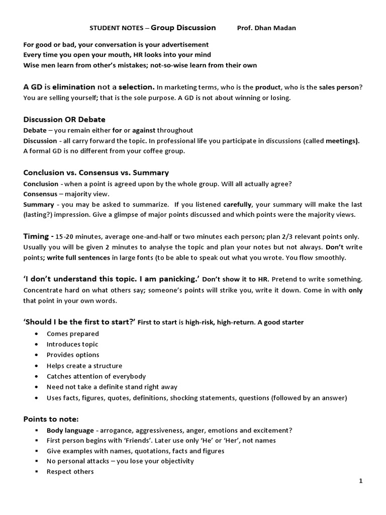 STUDENT NOTES - Group Discussions | PDF | Conversation | Anger