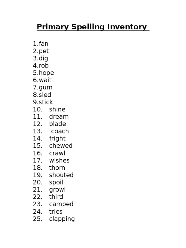 Primary Spelling Inventory List | PDF