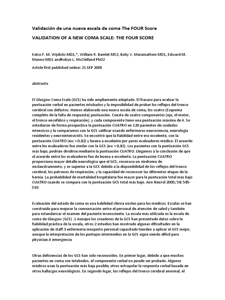 Validación de Una Nueva Escala de Coma The FOUR Score | PDF | Coma ...