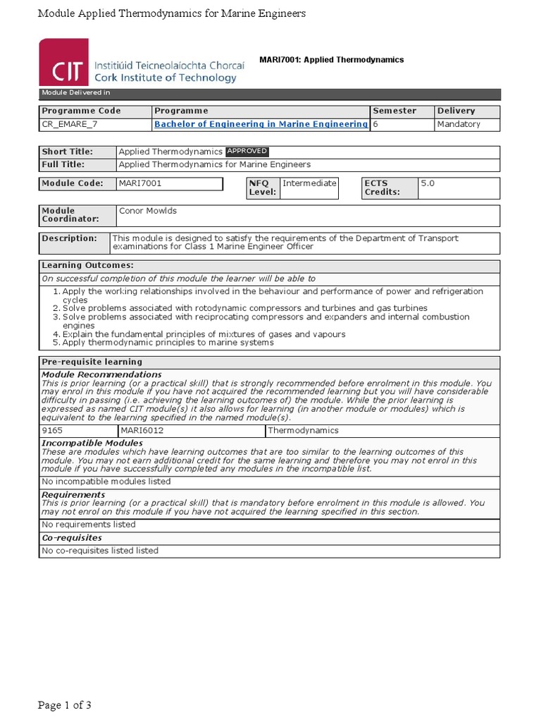 Module Applied Thermodynamics For Marine Engineers | PDF | Gas ...