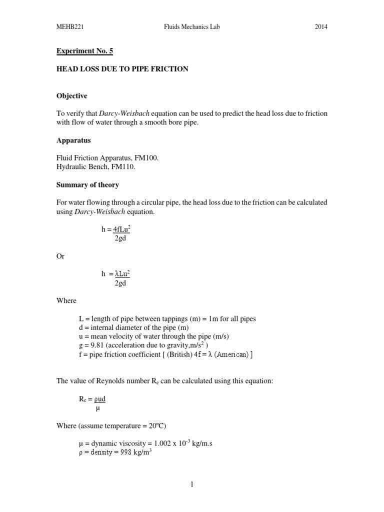 Experiment No. 5 Head Loss Due To Pipe Friction: MEHB221 Fluids Mechanics Lab 2014 | PDF ...
