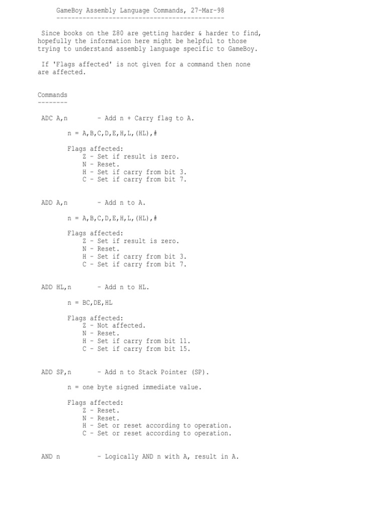 GameBoy Assembly Language Commands | PDF | Computer Data | Theory Of ...