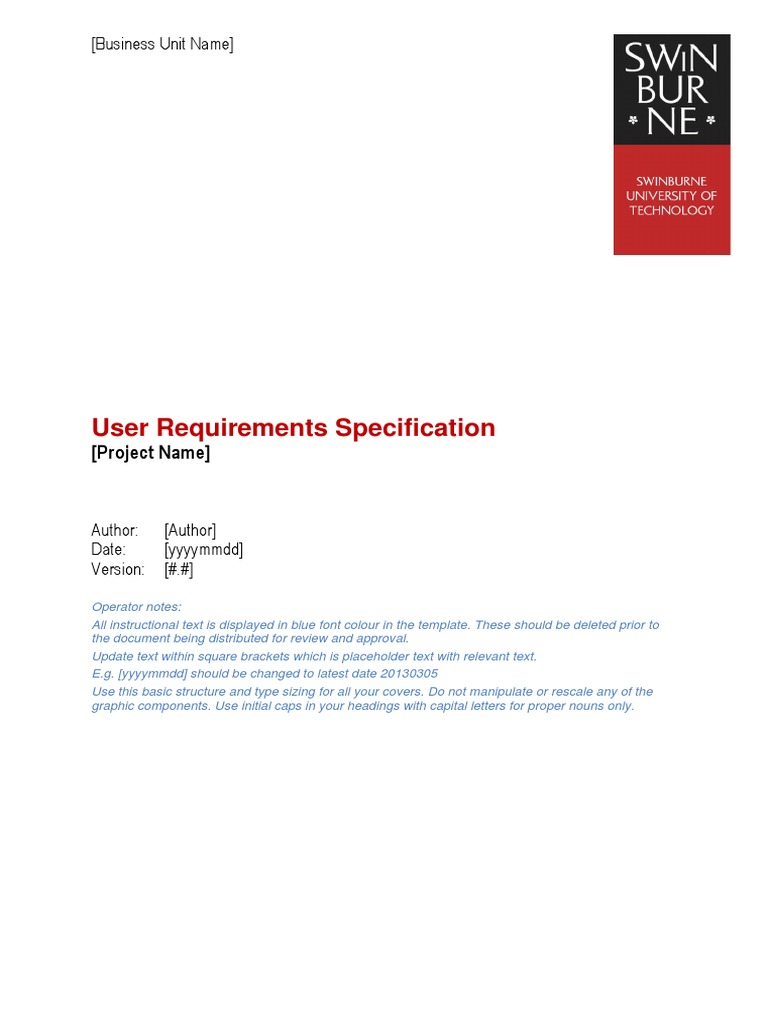 User Requirements Specification: (Business Unit Name) | PDF ...