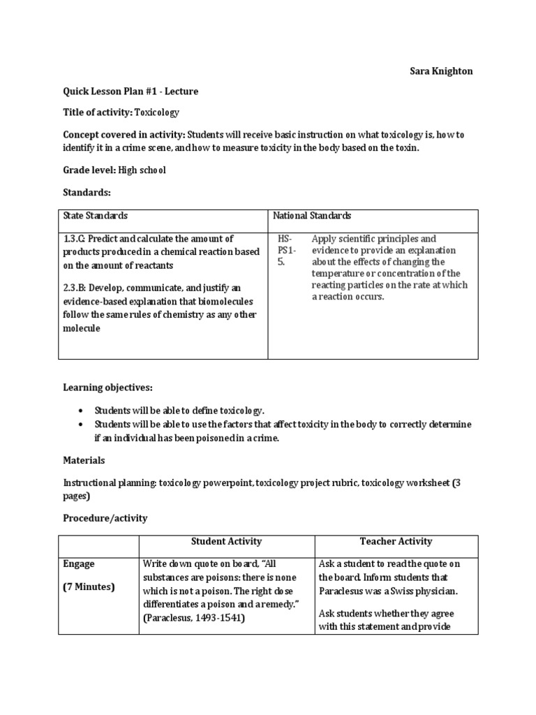 Toxicology - Lesson Plan - Knighton | PDF | Toxicology | Poison