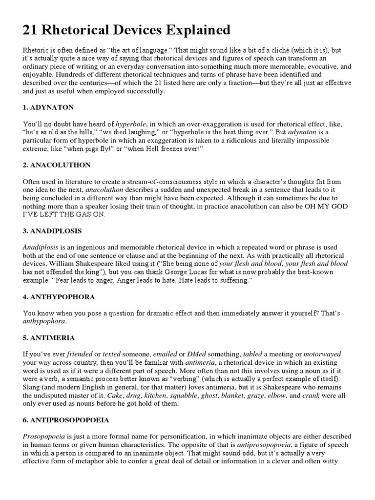 21 Rhetorical Devices Explained | PDF | Rhetoric | Metaphor