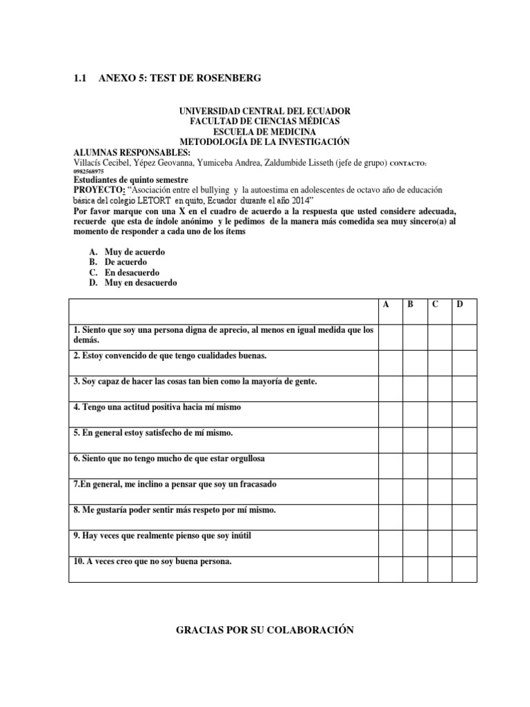 Rosenberg Test _ Cuestionario Escala de autoestima de Rosemberg – FXSMMZ