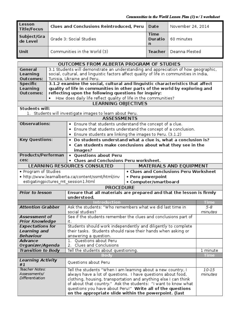 Grade 3 Ss Clues and Conclusions Reintroduced Peru Lesson Plan 3 | PDF ...