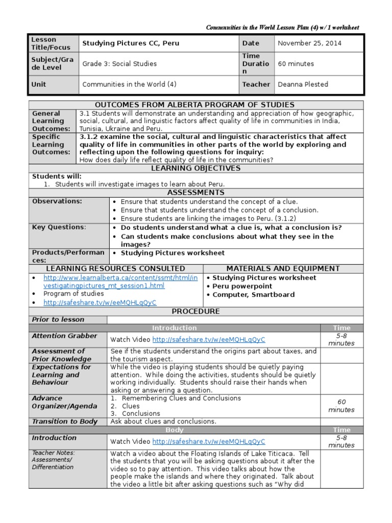 Grade 3 Social Studies Lesson on Peru | PDF | Lesson Plan | Worksheet