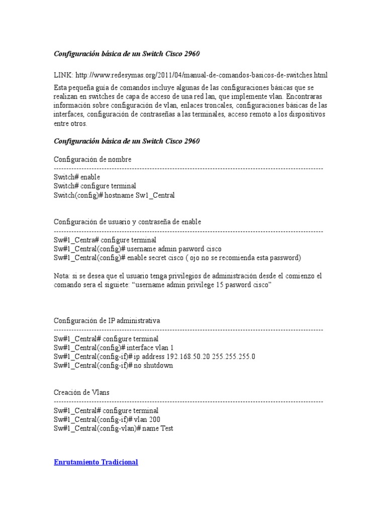 Configuración Básica de Un Switch Cisco 2960-3950 21062012 | PDF