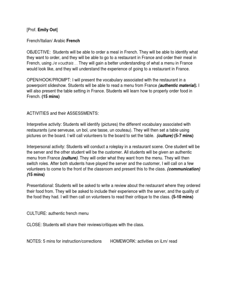 Restaurantlessonplan 1 | PDF